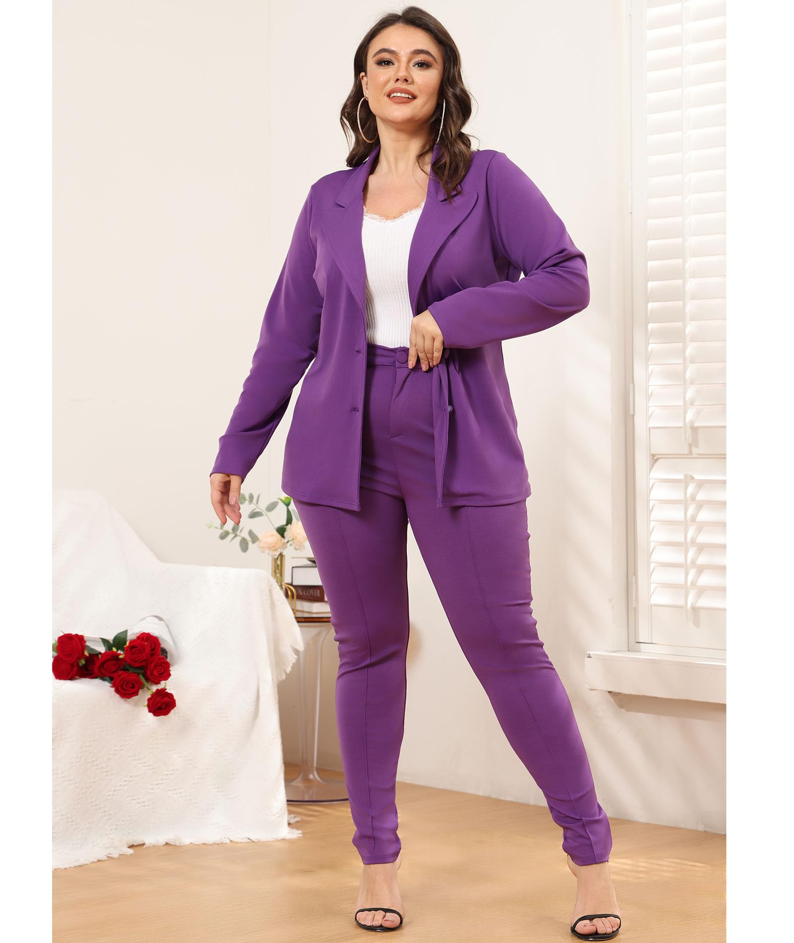 Women Lapel Collar Long Sleeve Top Jacket Pants 2 Piece Suit Set Outfits Elegant Uniform Suits Letter Print 219 Purple Large