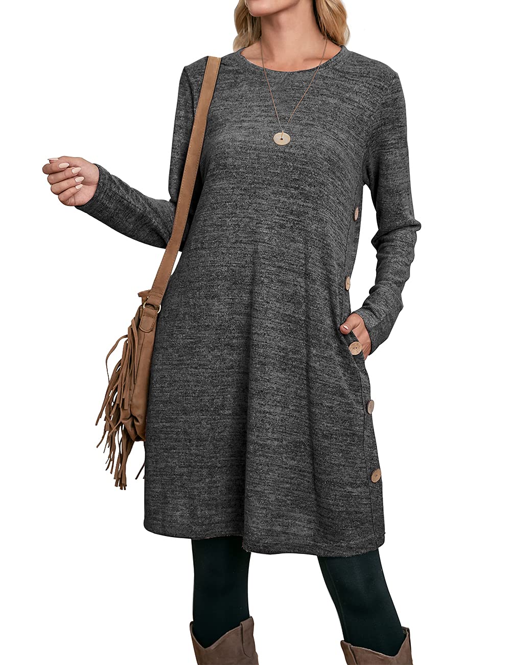 OFEEFAN Womens Sweater Dress Long Sleeve Winter Dresses Women 2024 Tunics Dark Grey M
