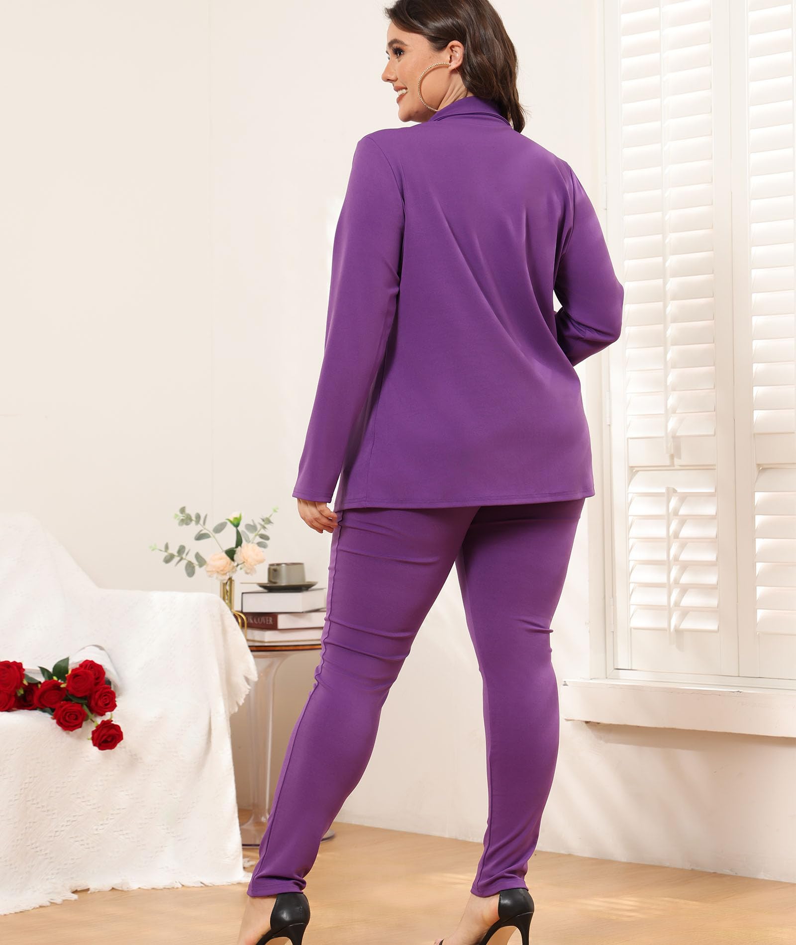 Women Lapel Collar Long Sleeve Top Jacket Pants 2 Piece Suit Set Outfits Elegant Uniform Suits Letter Print 219 Purple Large