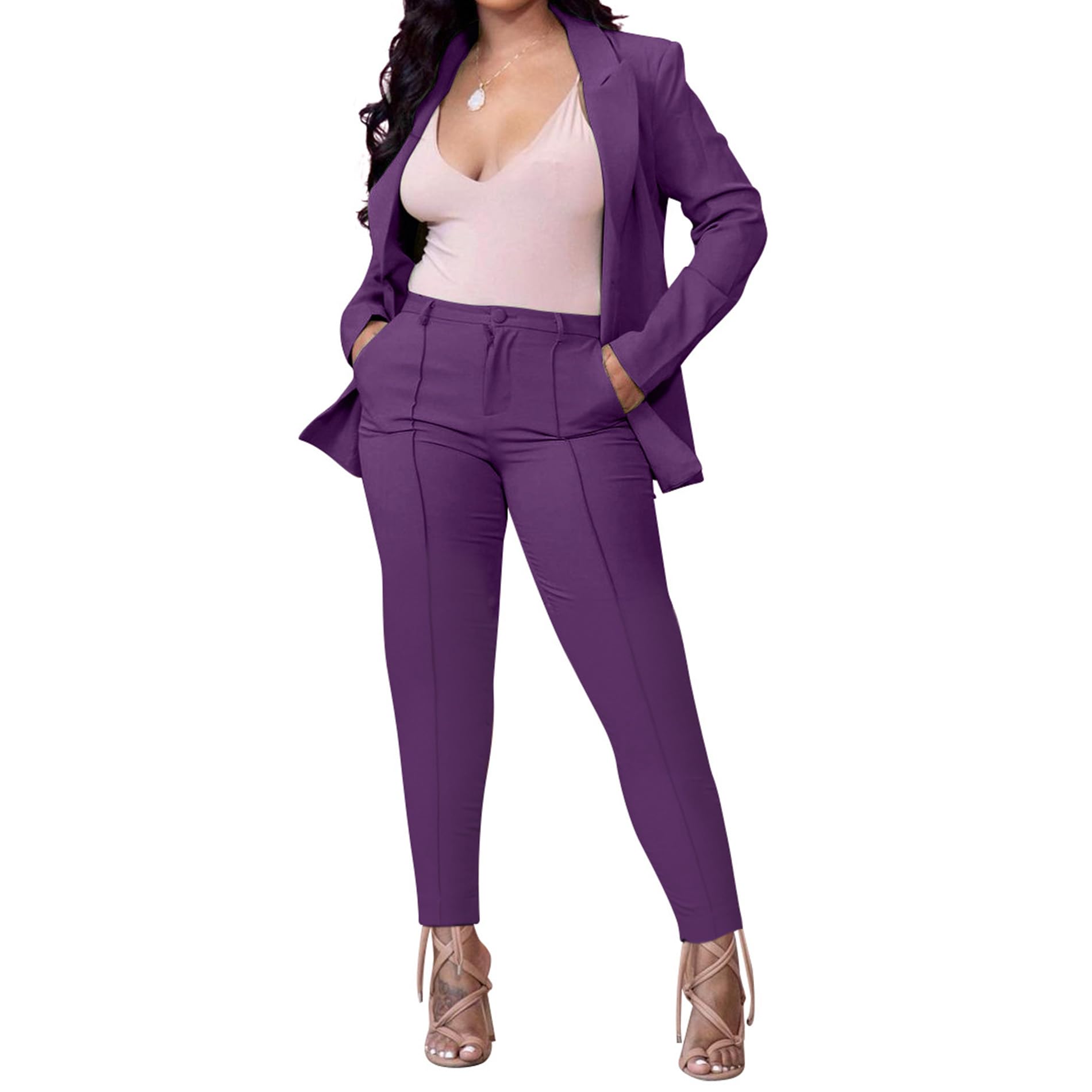 Women Lapel Collar Long Sleeve Top Jacket Pants 2 Piece Suit Set Outfits Elegant Uniform Suits Letter Print 219 Purple Large