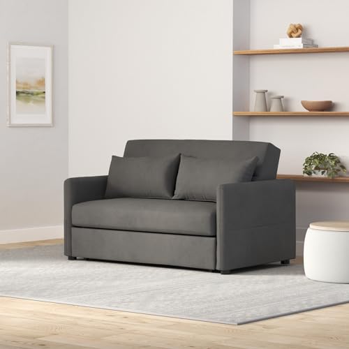 Gynsseh Loveseat Couch Pull Out Bed, 3 in 1 Convertible Sleeper Sofa Bed with Pillows and Storage Pocket, Soft Velvet Love Seat Lounge Sofa Bed Couch for Living Room, Gray
