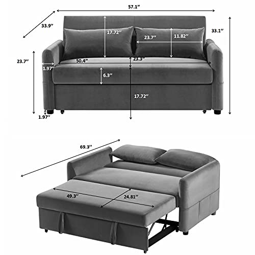 Gynsseh Loveseat Couch Pull Out Bed, 3 in 1 Convertible Sleeper Sofa Bed with Pillows and Storage Pocket, Soft Velvet Love Seat Lounge Sofa Bed Couch for Living Room, Gray