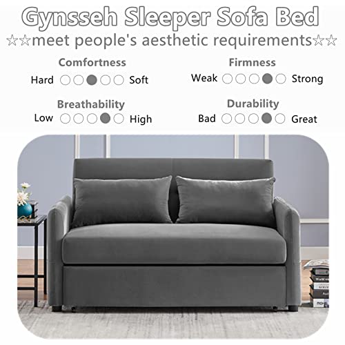 Gynsseh Loveseat Couch Pull Out Bed, 3 in 1 Convertible Sleeper Sofa Bed with Pillows and Storage Pocket, Soft Velvet Love Seat Lounge Sofa Bed Couch for Living Room, Gray