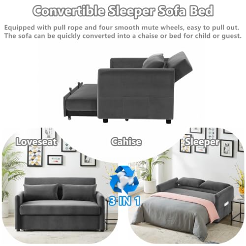 Gynsseh Loveseat Couch Pull Out Bed, 3 in 1 Convertible Sleeper Sofa Bed with Pillows and Storage Pocket, Soft Velvet Love Seat Lounge Sofa Bed Couch for Living Room, Gray
