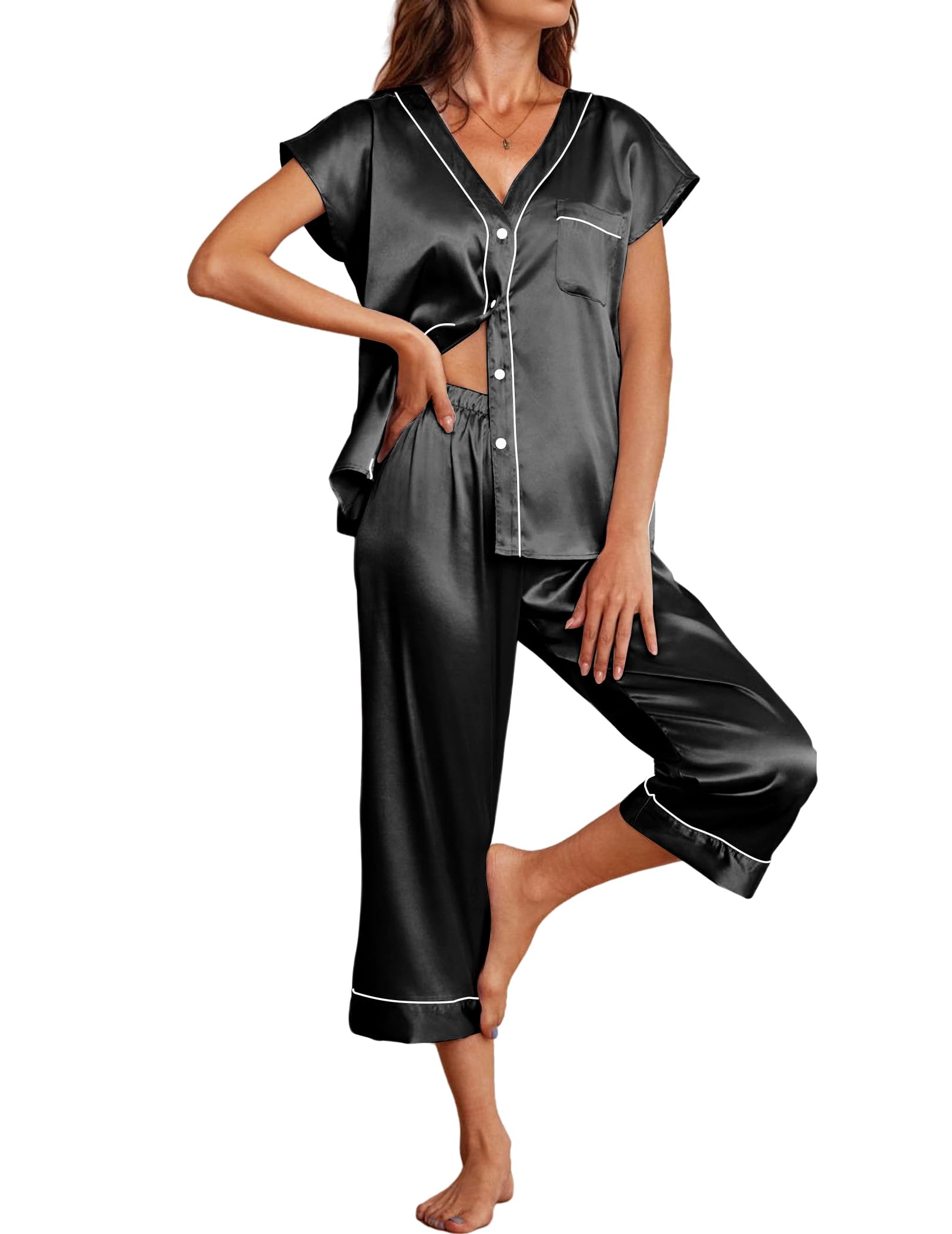 Ekouaer Satin Pajama Set Womens Short Sleeve V Neck Silky Shirt with Capri Pants Button Down PJs Soft Silky Loungewear Black XXL