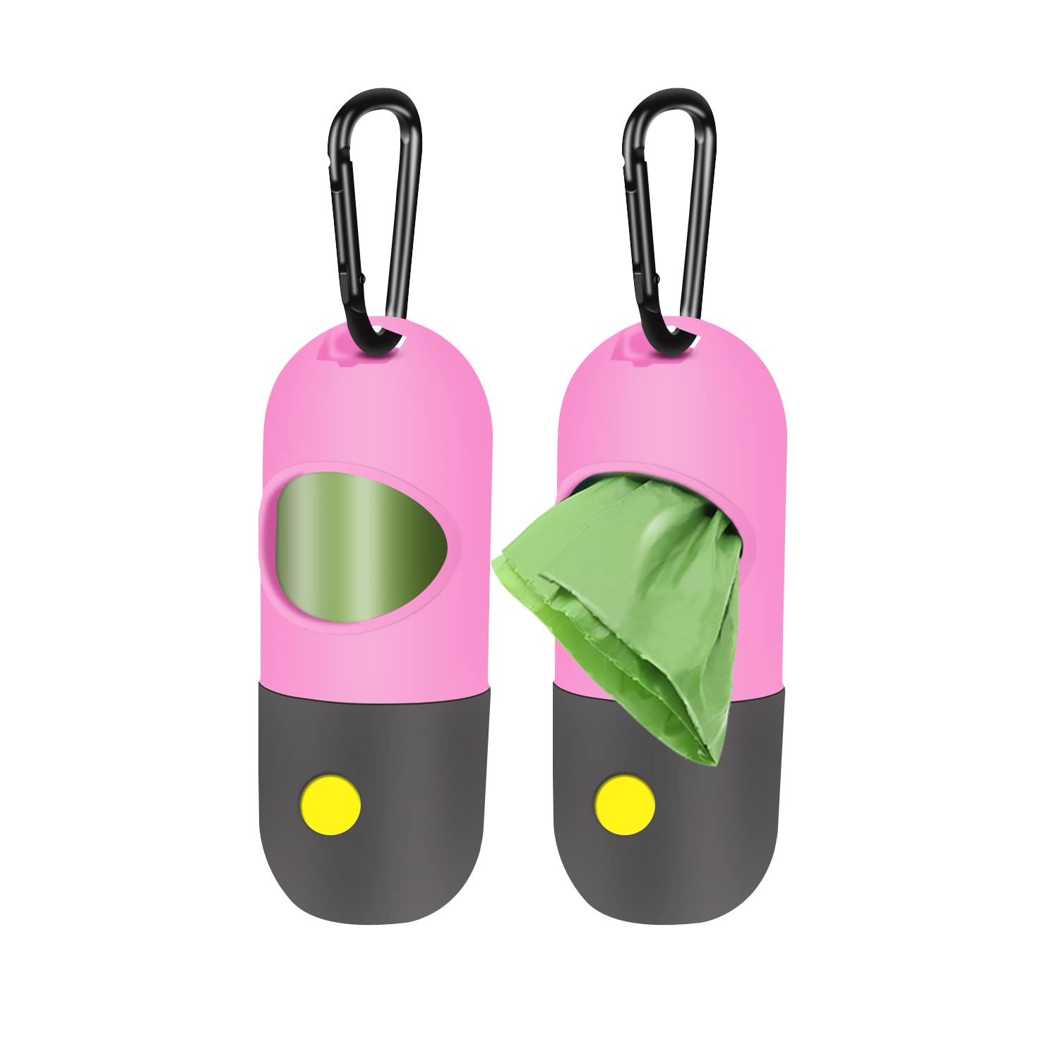 2 Pack Dog Poop Bag Dispenser with Built-in LED Flashlight, Pet Waste Bag Holder for Leash with Carabiner Clip for Lead Leash, 2 Rolls Leak-proof Doggy Waste Bags for Dog Walking, Pink, Eliamo