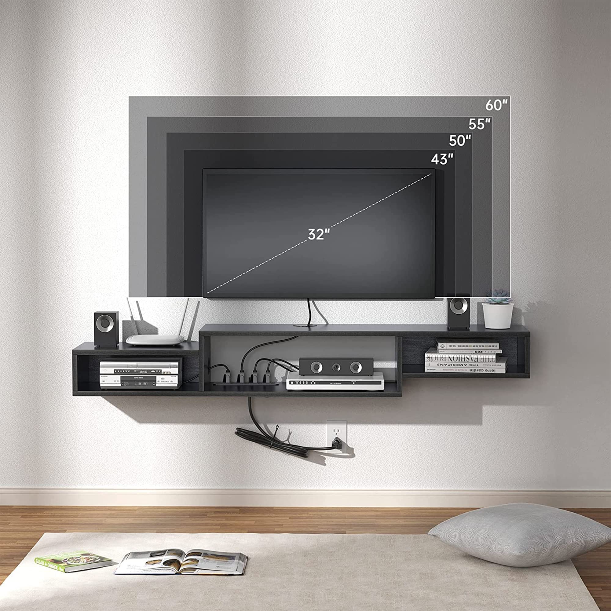 FABATO 59" Floating TV Stand with Power Outlet Wall Mounted Media Console Cabinet Shelf Under TV for Cable Box Audio Video Black