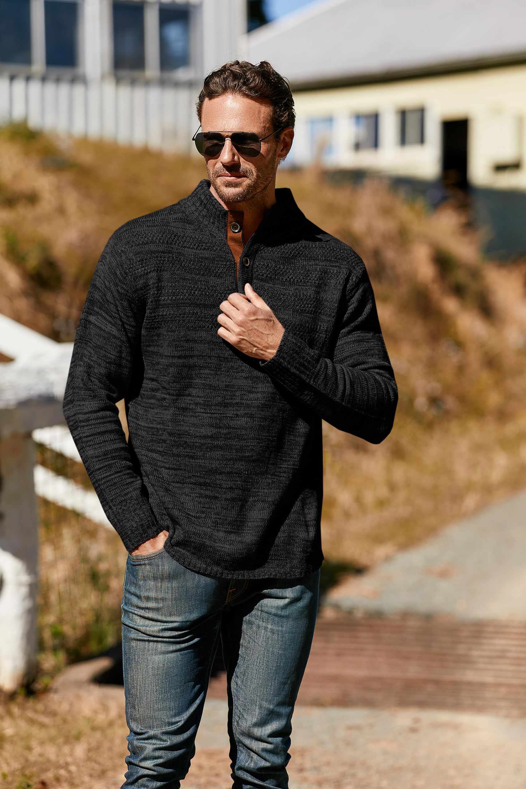Aoysky Men's Stand Collar Sweater Thermal Button Pullover Sweater Tops Henley Knit Sweaters Black