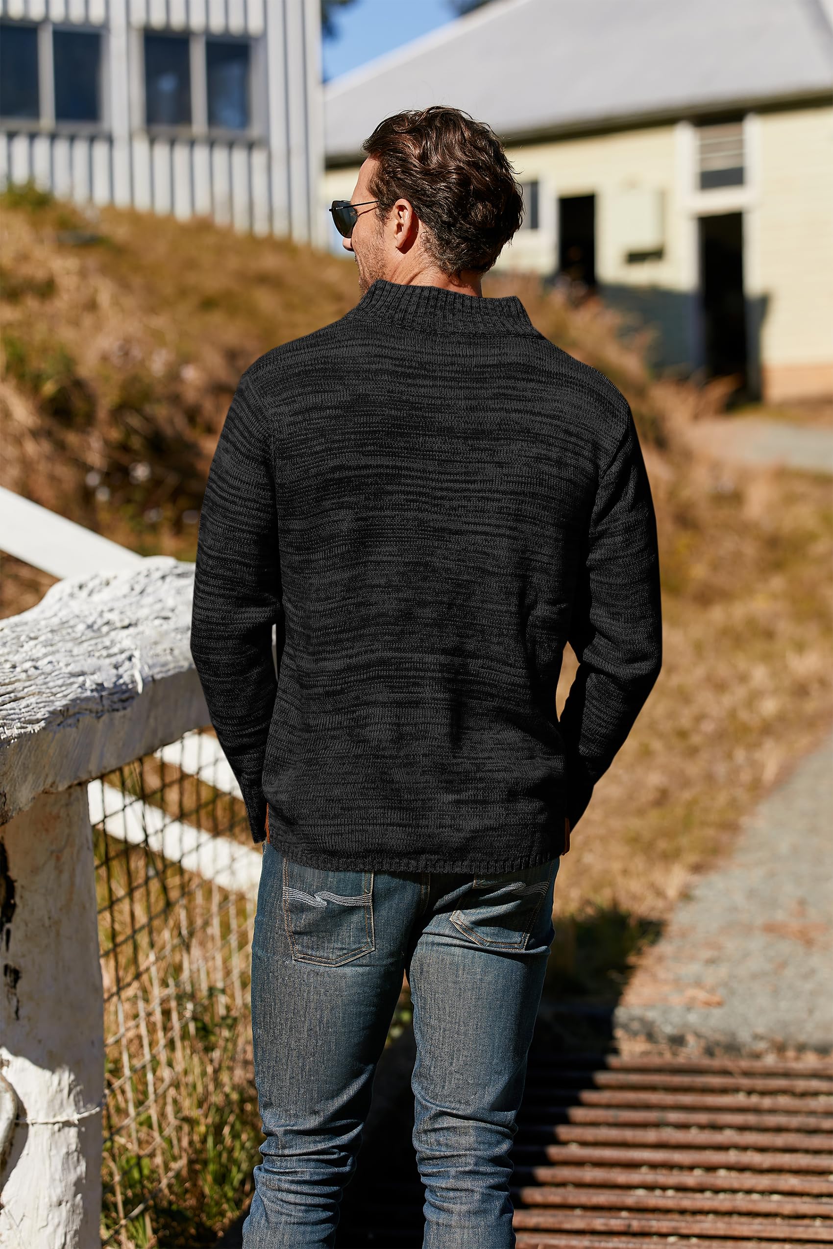 Aoysky Men's Stand Collar Sweater Thermal Button Pullover Sweater Tops Henley Knit Sweaters Black