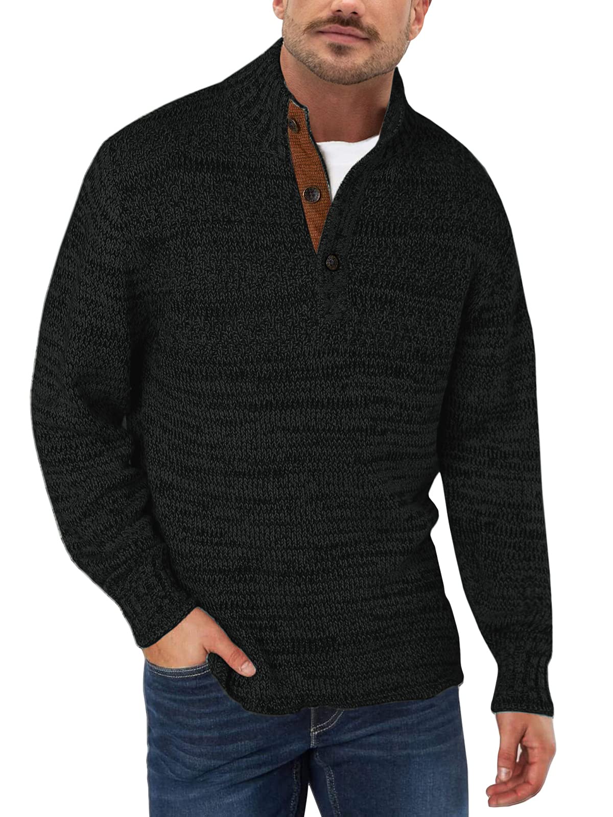 Aoysky Men's Stand Collar Sweater Thermal Button Pullover Sweater Tops Henley Knit Sweaters Black