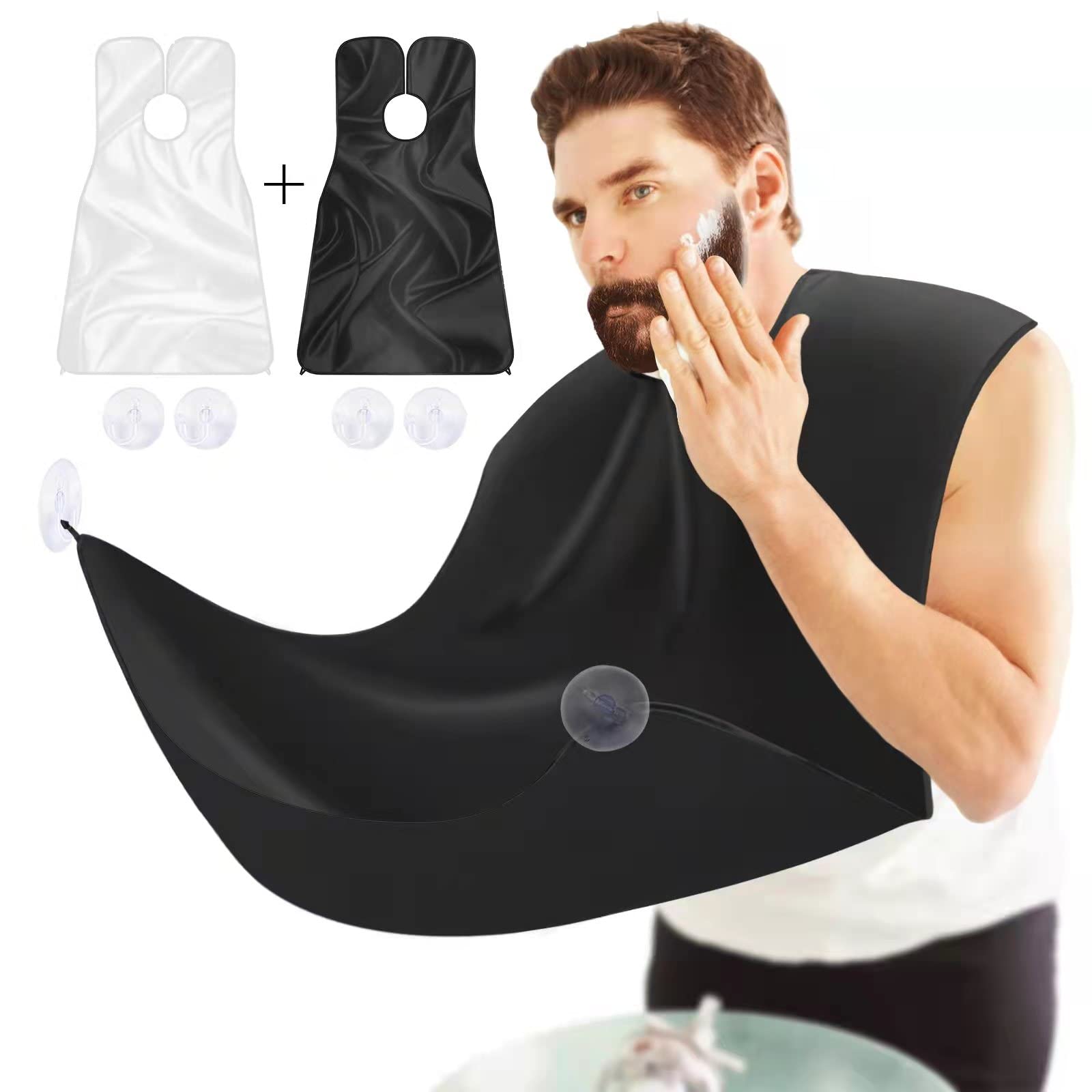2 Pcs Beard Bib, Bead Bib for Shaving, Beard Apron, Waterproof Shaving Cloth Kit Non-Stick Beard Cape, Beard Trimming Bib with Strong Suction Cup, A Gift for All Men(Black+White)