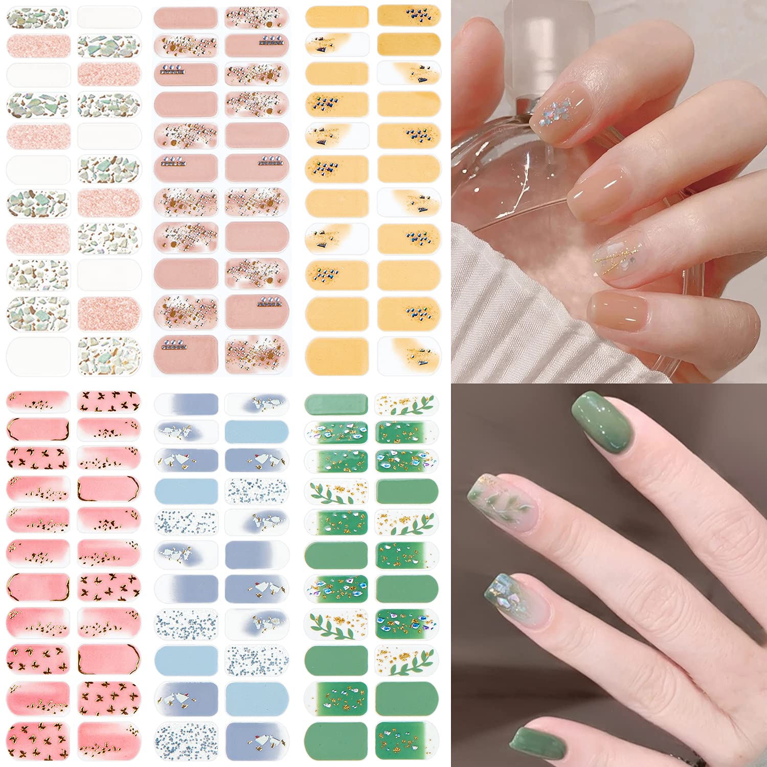 NAILDOKI Nail Stickers 6 Sheets x 22 Pieces Full Wraps Nail Polish Strips, Self-Adhesive Gel Nail Art Decals for Women Girls