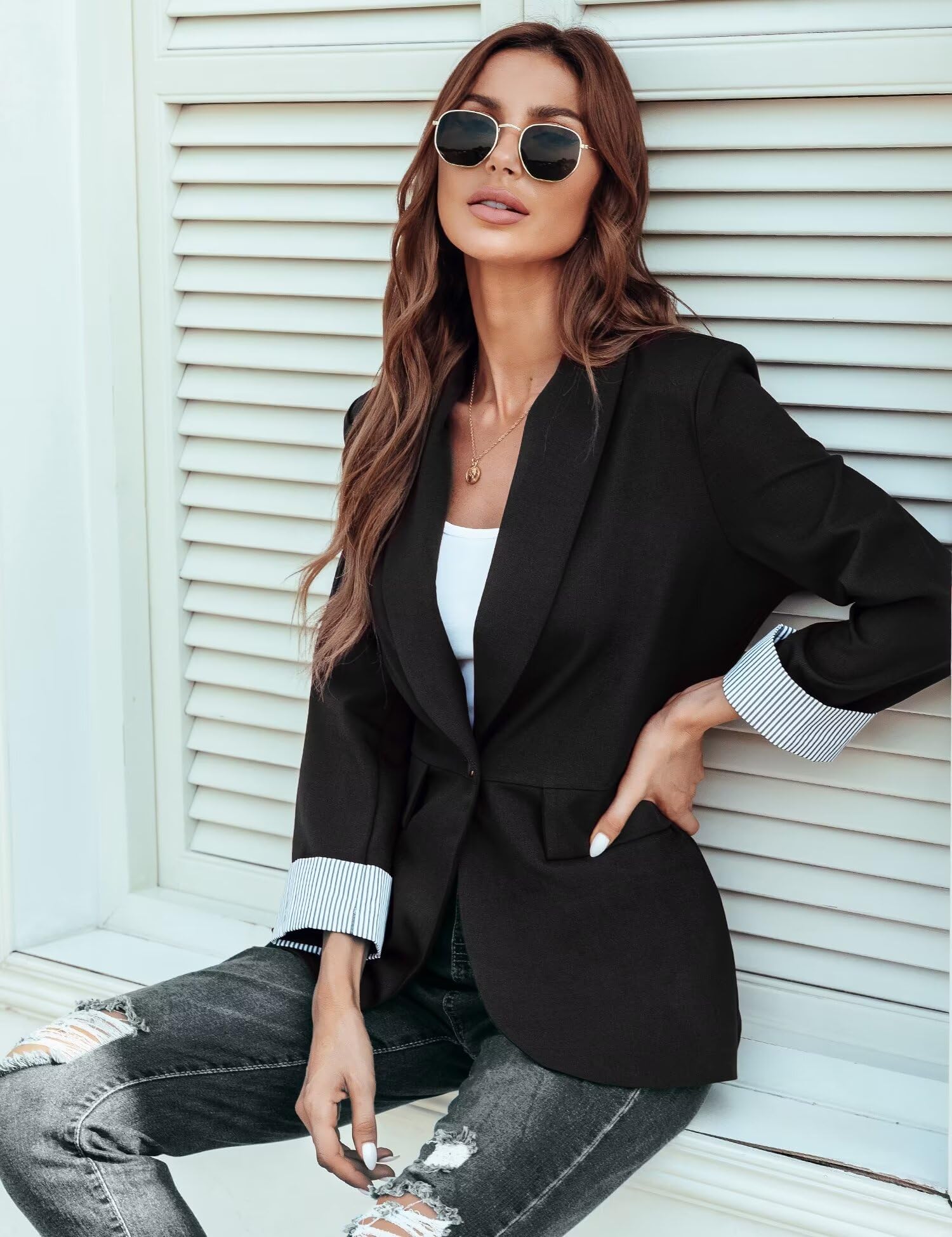 Genhoo Black Blazer for Women Lapel Collar Coat Long Sleeve Blazer Outerwear Black L