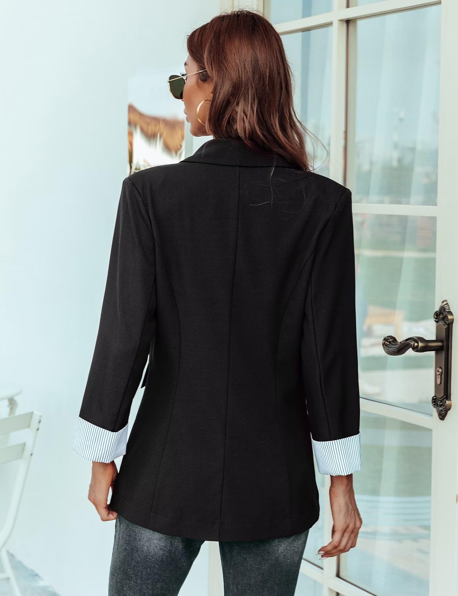 Genhoo Black Blazer for Women Lapel Collar Coat Long Sleeve Blazer Outerwear Black L