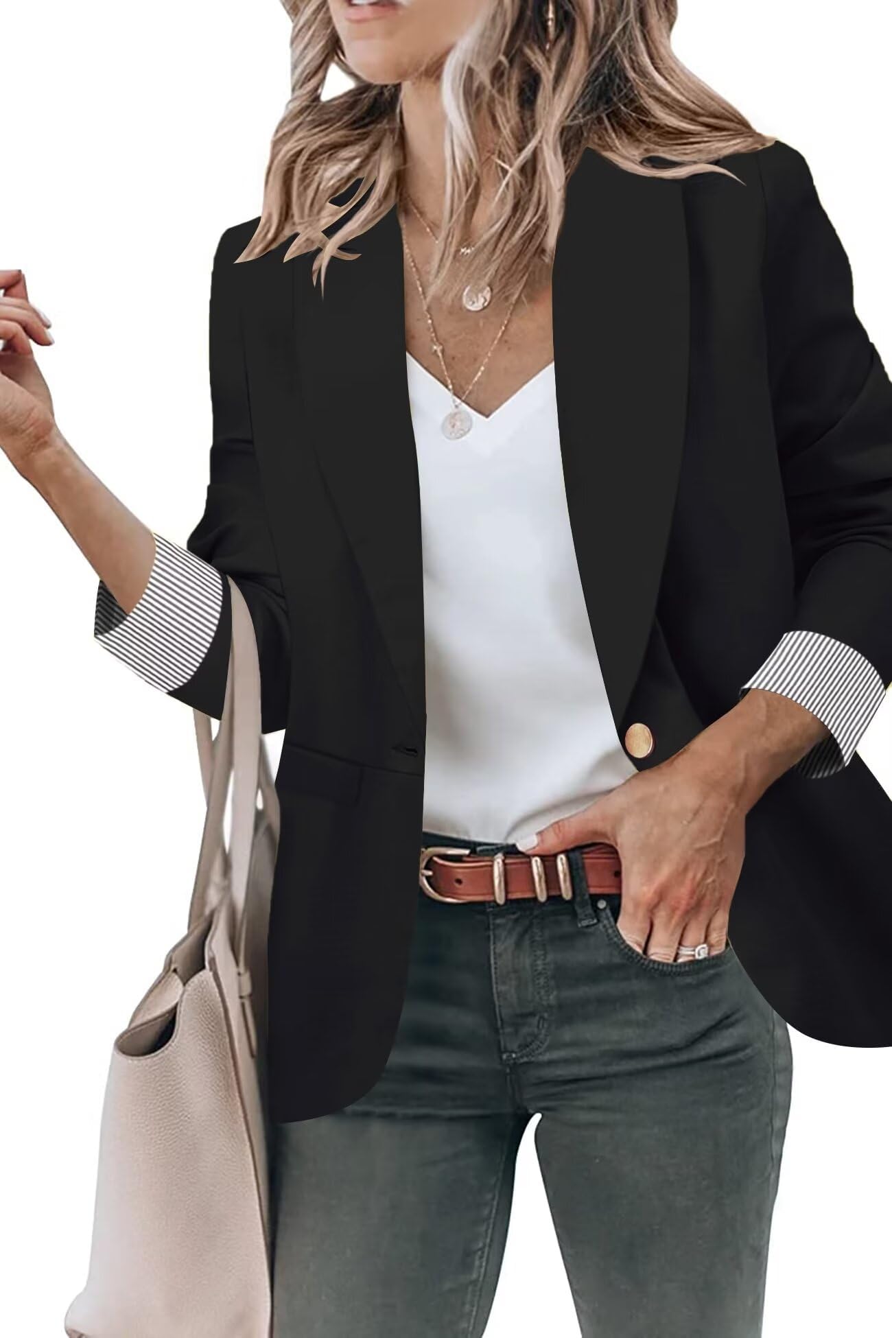 Genhoo Black Blazer for Women Lapel Collar Coat Long Sleeve Blazer Outerwear Black L