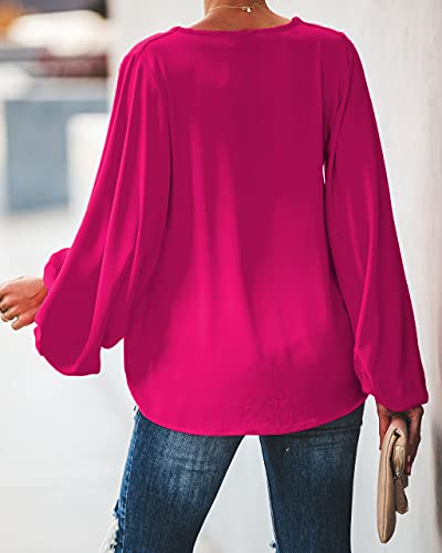Women's V Neck Bishop Sleeve Work Blouse Top Barbie Shirts for Women Rose Red L