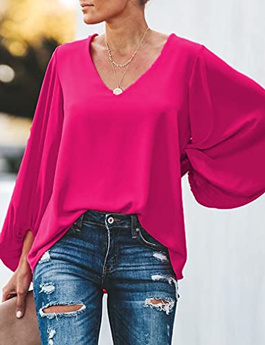 Women's V Neck Bishop Sleeve Work Blouse Top Barbie Shirts for Women Rose Red L