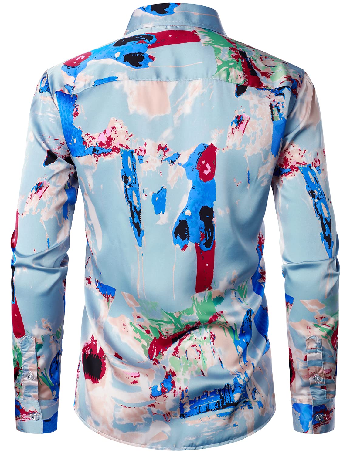 ZEROYAA Men's Hipster Splash Printed Slim Fit Long Sleeve Button Up Satin Dress Shirts for Party Prom ZLCL36-101-Blue Medium