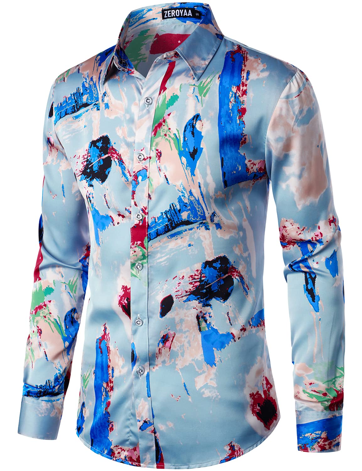 ZEROYAA Men's Hipster Splash Printed Slim Fit Long Sleeve Button Up Satin Dress Shirts for Party Prom ZLCL36-101-Blue Medium