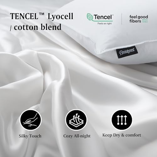 Beautyrest BT-DP-35 Tencel/Cotton Blend Cover Hypoallergenic White Down Pillow, 650 Fill Power, Jumbo