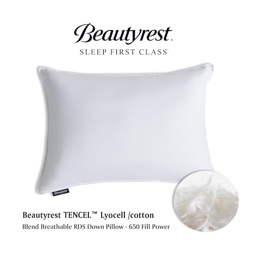 Beautyrest BT-DP-35 Tencel/Cotton Blend Cover Hypoallergenic White Down Pillow, 650 Fill Power, Jumbo
