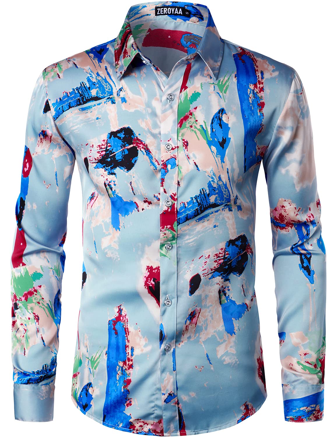 ZEROYAA Men's Hipster Splash Printed Slim Fit Long Sleeve Button Up Satin Dress Shirts for Party Prom ZLCL36-101-Blue Medium