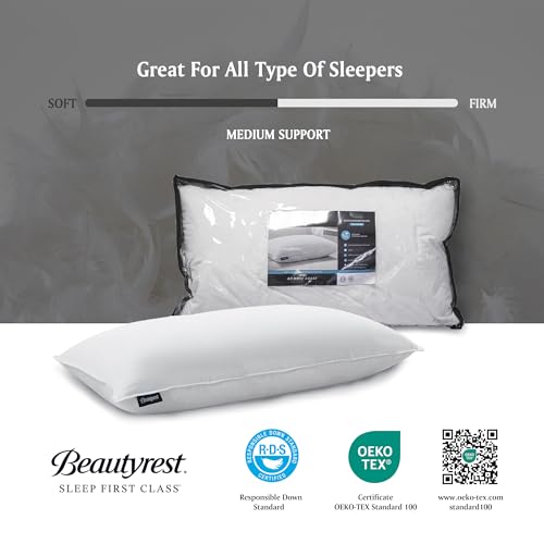 Beautyrest BT-DP-35 Tencel/Cotton Blend Cover Hypoallergenic White Down Pillow, 650 Fill Power, Jumbo