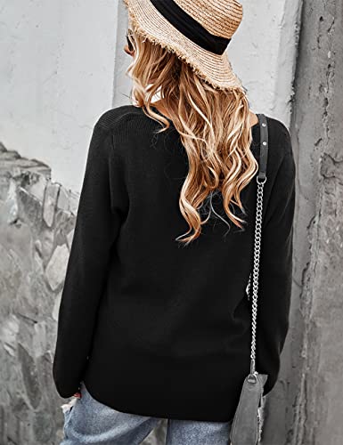 Lrady Womens V Neck Sweater Long Sleeve Casual Loose Fit Tunic Tops Knit Blouse Lightweight Cute Pullover, Black, Small