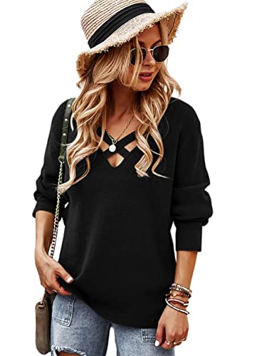 Lrady Womens V Neck Sweater Long Sleeve Casual Loose Fit Tunic Tops Knit Blouse Lightweight Cute Pullover, Black, Small