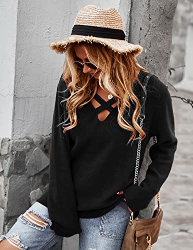 Lrady Womens V Neck Sweater Long Sleeve Casual Loose Fit Tunic Tops Knit Blouse Lightweight Cute Pullover, Black, Small