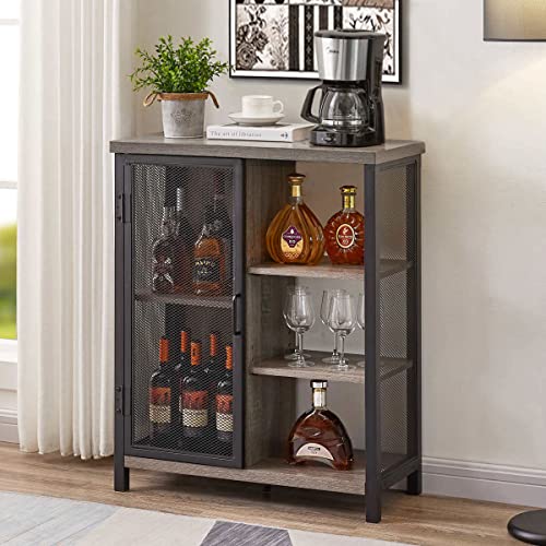 BON AUGURE Farmhouse Coffee Bar Cabinet with Storage, Industrial Liquor Cabinet with Adjustable Shelves, Rustic Small Buffet and Sideboard for Home (French Gray)