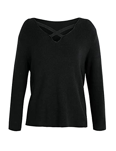 Lrady Womens V Neck Sweater Long Sleeve Casual Loose Fit Tunic Tops Knit Blouse Lightweight Cute Pullover, Black, Small