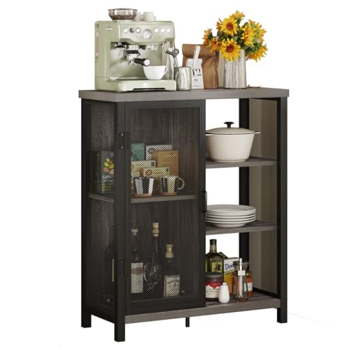 BON AUGURE Farmhouse Coffee Bar Cabinet with Storage, Industrial Liquor Cabinet with Adjustable Shelves, Rustic Small Buffet and Sideboard for Home (French Gray)