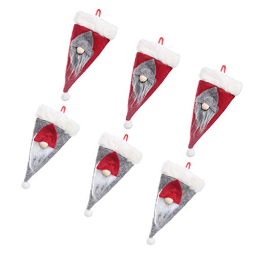 Hemoton 6Pcs Christmas Silverware Holders Pocket Santa Hat Gnome Elf Cutlery Knives Forks Tableware Storage Bag Covers for Xmas Holiday Table Decoration Red Grey