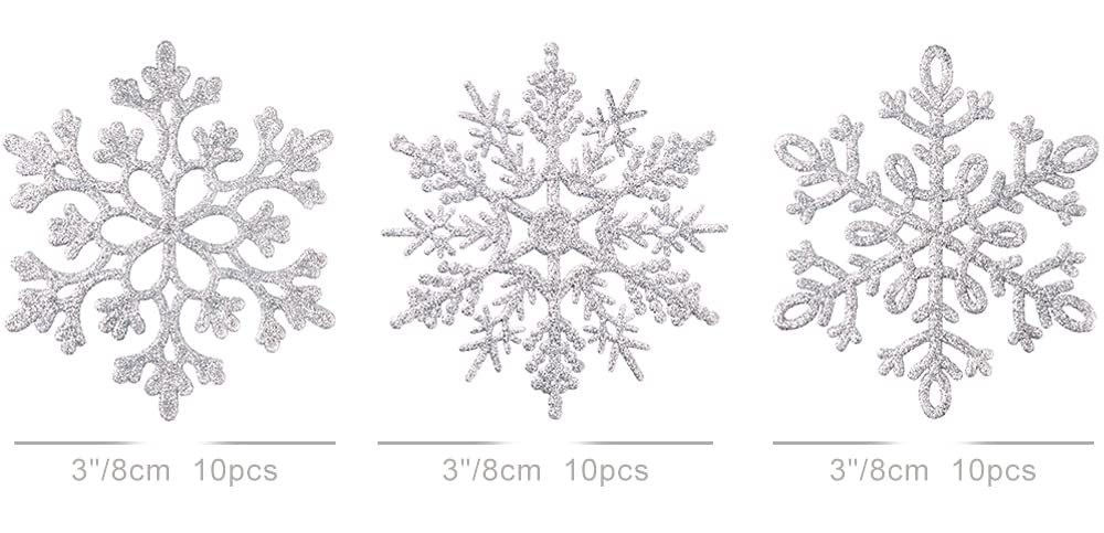 XmasExp 80mm/3inch Glitter Snowflake Ornaments Set Mini Christmas Tree Hanging Plastic Decoration for Xmas Party Wedding Anniversary Window Door Home Accessories (30pcs,Silver)