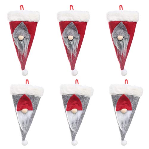 Hemoton 6Pcs Christmas Silverware Holders Pocket Santa Hat Gnome Elf Cutlery Knives Forks Tableware Storage Bag Covers for Xmas Holiday Table Decoration Red Grey