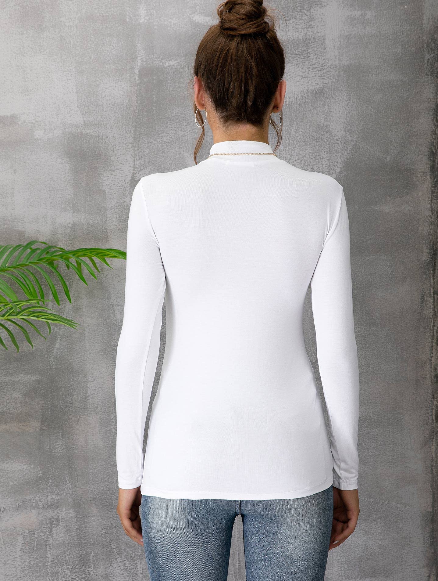 MANGDIUP Women's Mock Turtleneck Long Sleeve Pullover Tops Slim Fit Basic T-Shirts (White, Medium)