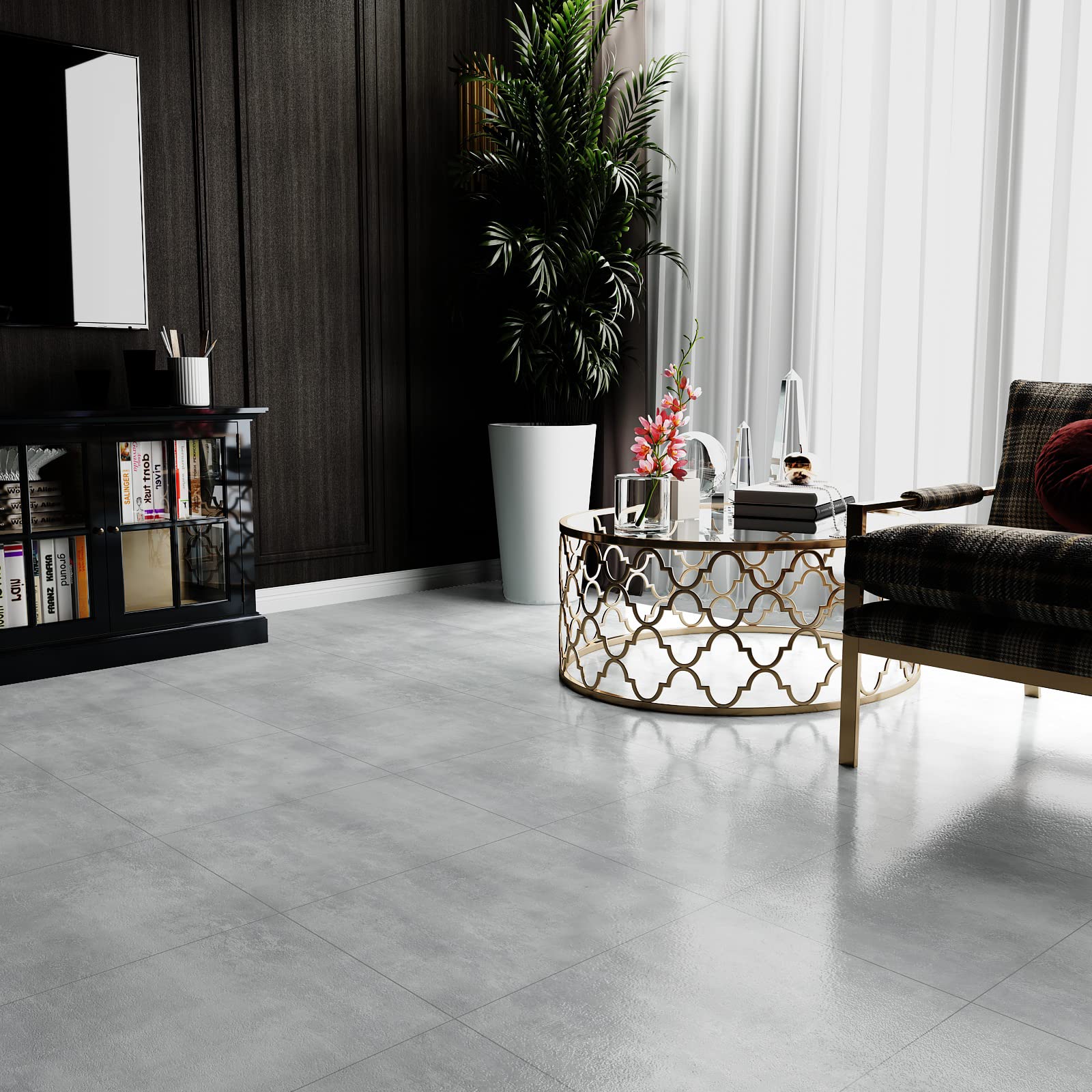 VEELIKE 24 Pack Peel and Stick Floor Tiles - Grey Vinyl, 12''x12'' Concrete Kitchen Floor Tile Stickers - Waterproof, Removable Self Adhesive - For Bedroom, Bathroom