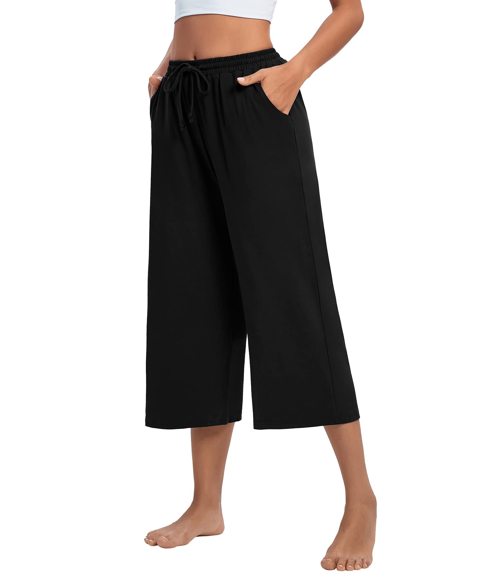 ASIMOON Capris for Women Loose Wide Leg Shorts Yoga Cropped Pajama Pants Pull on Summer Lounge Pants Culottes with Pockets