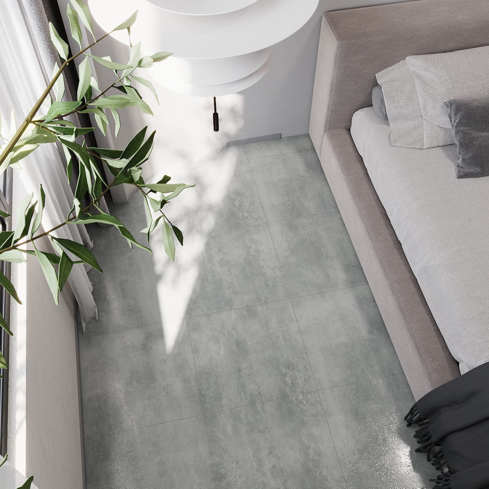 VEELIKE 24 Pack Peel and Stick Floor Tiles - Grey Vinyl, 12''x12'' Concrete Kitchen Floor Tile Stickers - Waterproof, Removable Self Adhesive - For Bedroom, Bathroom