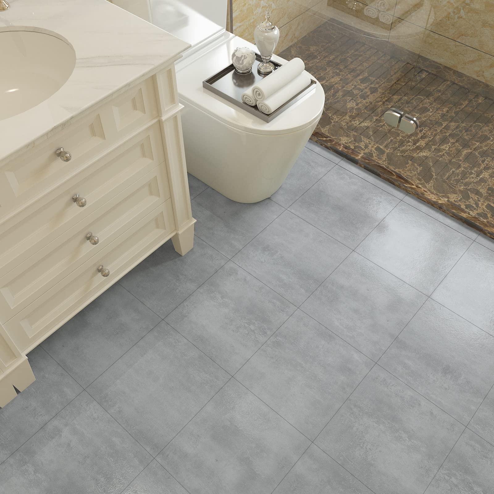 VEELIKE 24 Pack Peel and Stick Floor Tiles - Grey Vinyl, 12''x12'' Concrete Kitchen Floor Tile Stickers - Waterproof, Removable Self Adhesive - For Bedroom, Bathroom