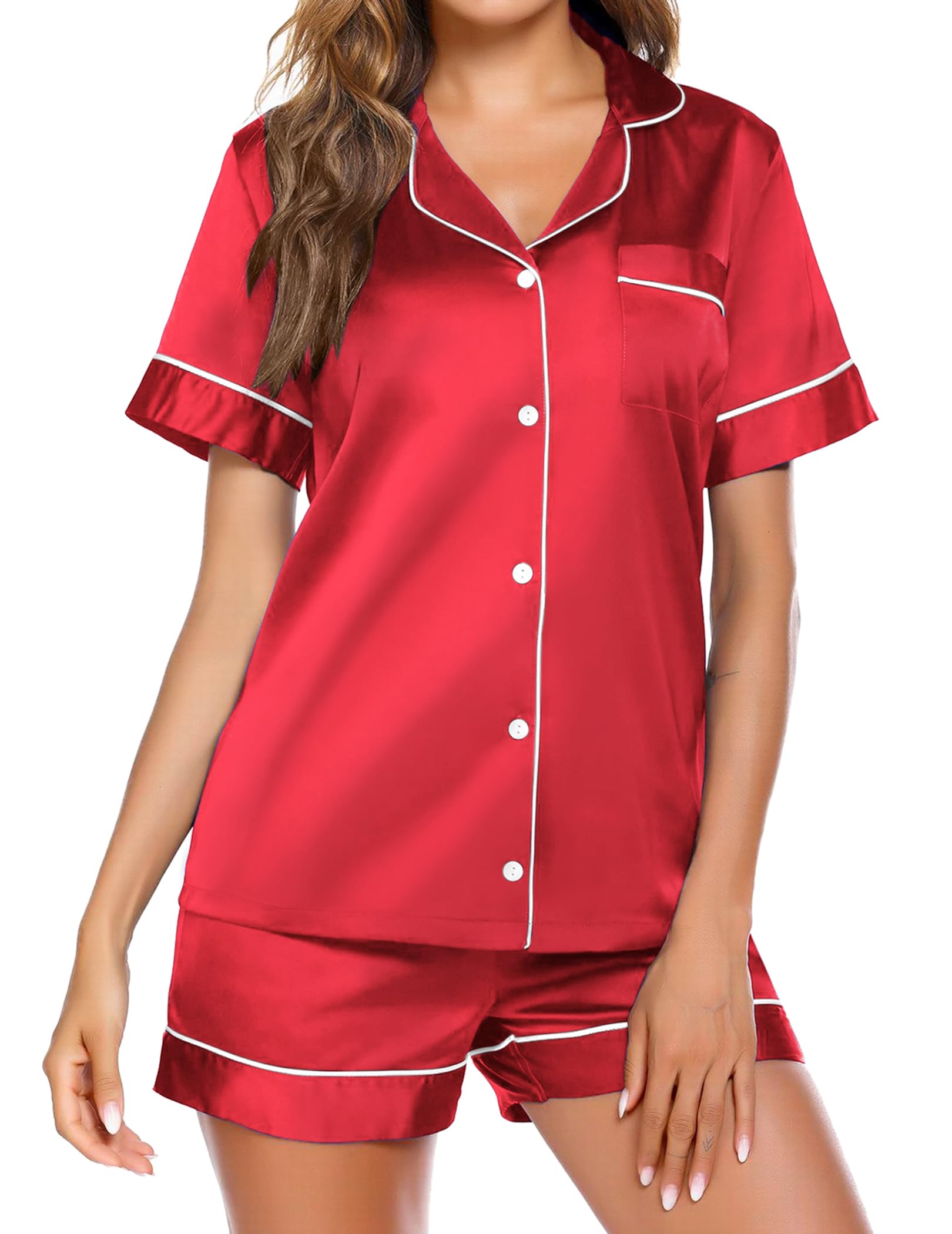 Ekouaer Satin Pajamas for Women Button Down Sleepwear Soft Silk Loungewear Short Sleeve Top and Shorts Pjs Red,Small
