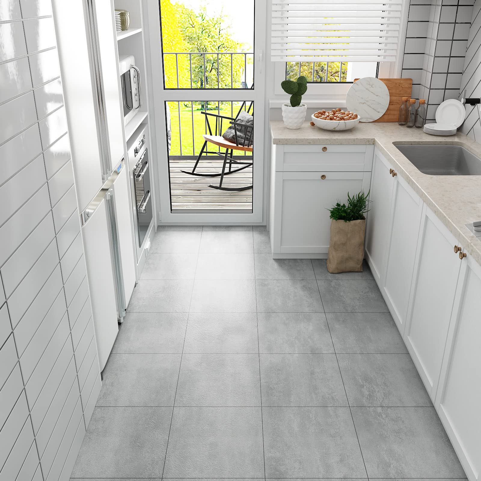 VEELIKE 24 Pack Peel and Stick Floor Tiles - Grey Vinyl, 12''x12'' Concrete Kitchen Floor Tile Stickers - Waterproof, Removable Self Adhesive - For Bedroom, Bathroom