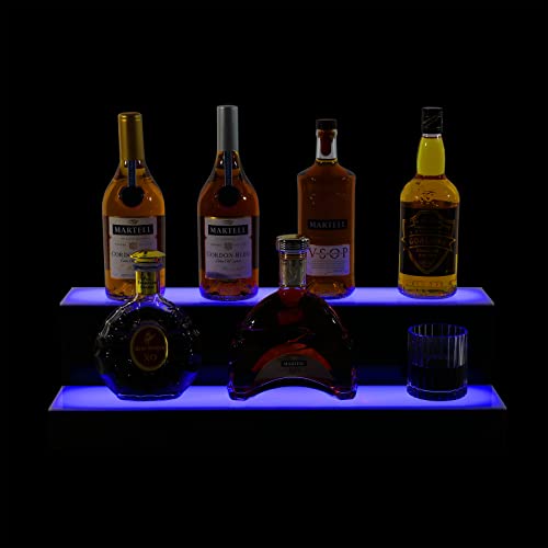 COSVALVE 2 Step Lighted Liquor Bottle Display Shelf, 24 Inch Illuminated Bar Bottle Shelf 2-Tier Commercial Home Bar Bottle Display Drinks Acrylic Lighting Shelves with Remote Control