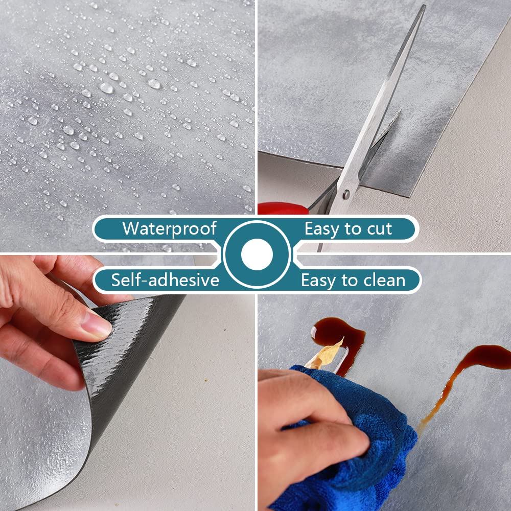 VEELIKE 24 Pack Peel and Stick Floor Tiles - Grey Vinyl, 12''x12'' Concrete Kitchen Floor Tile Stickers - Waterproof, Removable Self Adhesive - For Bedroom, Bathroom