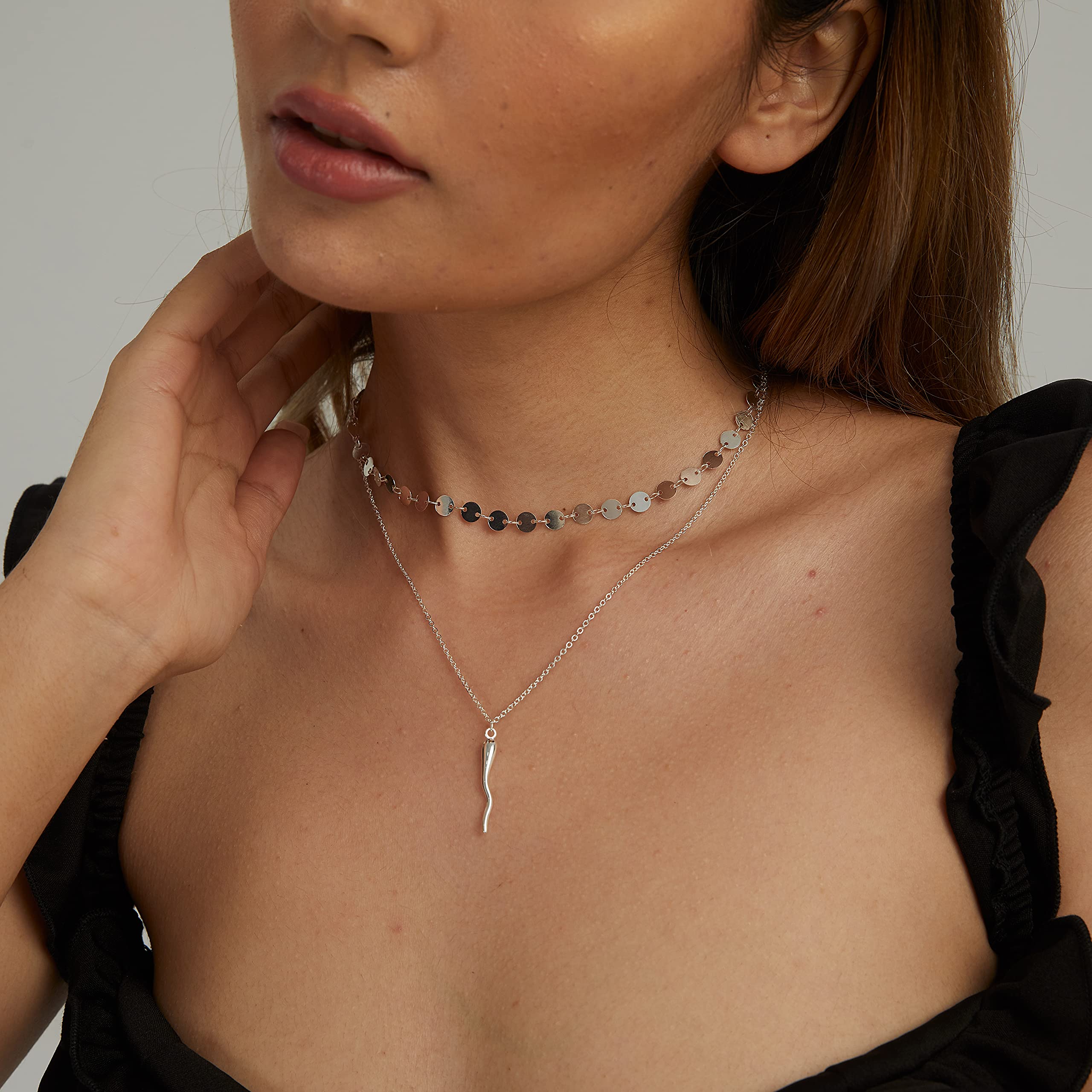 CAROVO Silver Italian Horn Necklace for Women Cornicello Protection Necklace Charm Lucky Talisman Pendant Necklace