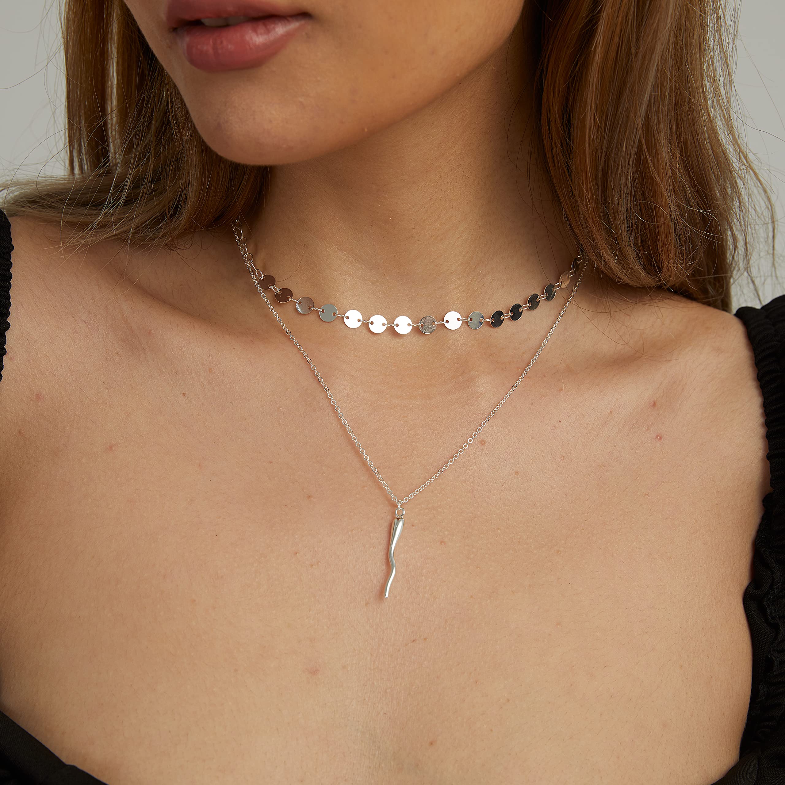 CAROVO Silver Italian Horn Necklace for Women Cornicello Protection Necklace Charm Lucky Talisman Pendant Necklace