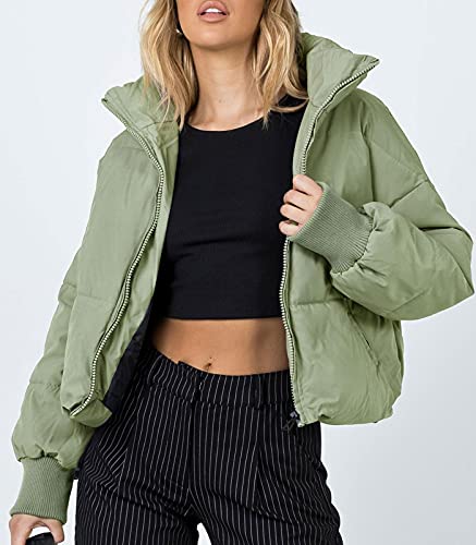 ZCSIA Women's Winter Long Sleeve Full Zipper Oversized Baggy Puffer Short Down Jacket Coat,PeaGreen,XSmall