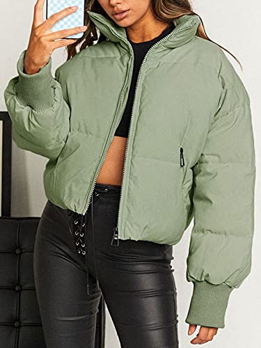 ZCSIA Women's Winter Long Sleeve Full Zipper Oversized Baggy Puffer Short Down Jacket Coat,PeaGreen,XSmall