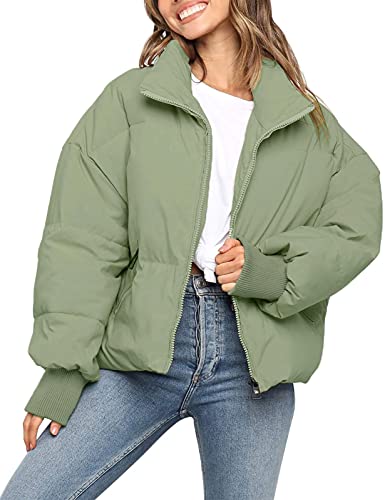ZCSIA Women's Winter Long Sleeve Full Zipper Oversized Baggy Puffer Short Down Jacket Coat,PeaGreen,XSmall